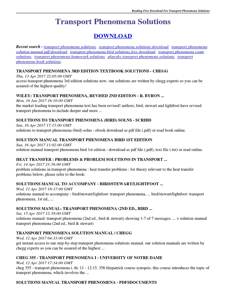 Transport Phenomena Solutions: Download | PDF