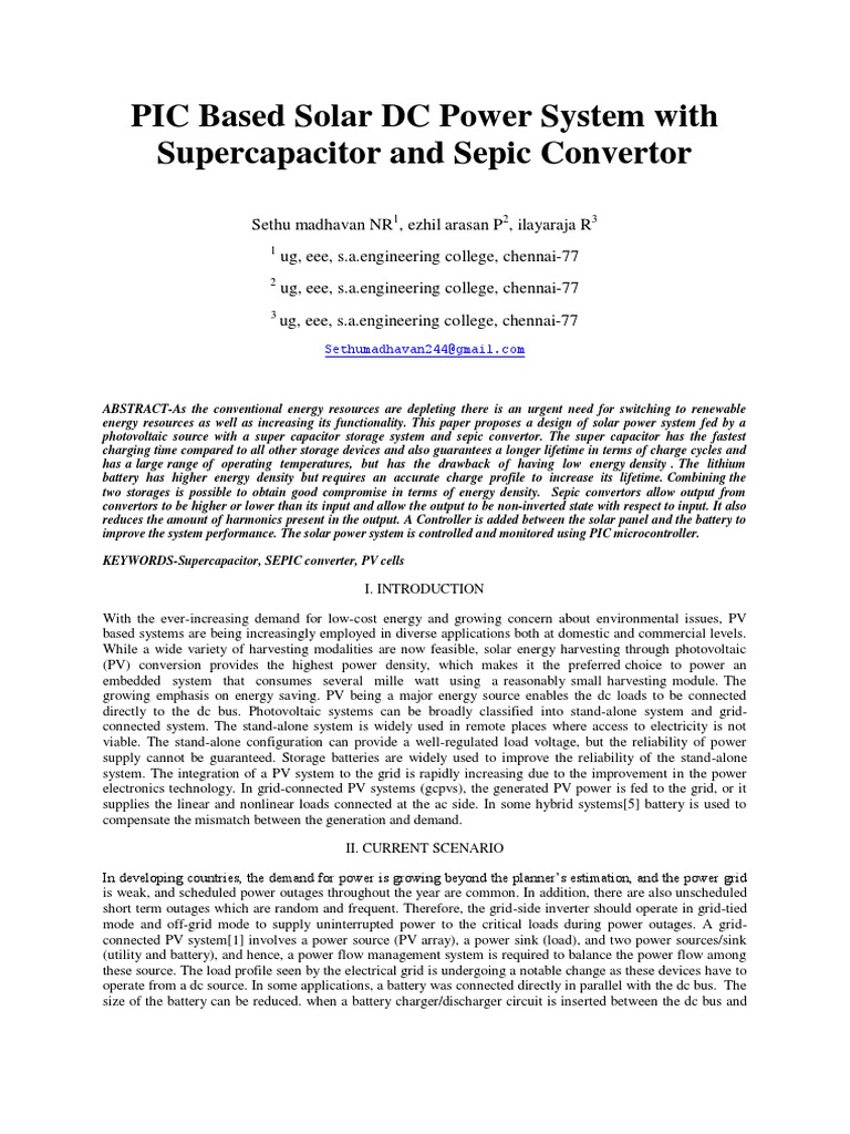 PIC Based Solar DC Power System with Supercapacitor and Sepic Convertor ...