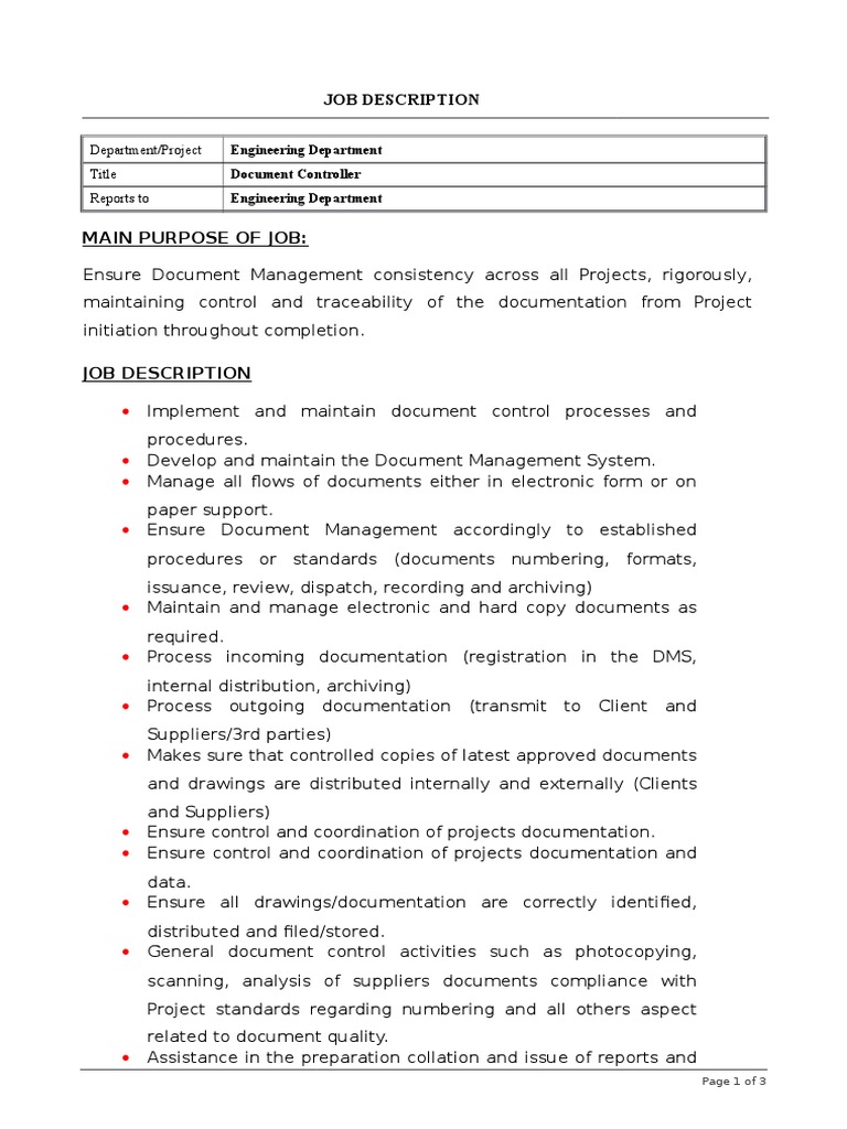 Document Controller Job Desciption | PDF | Safety | Document