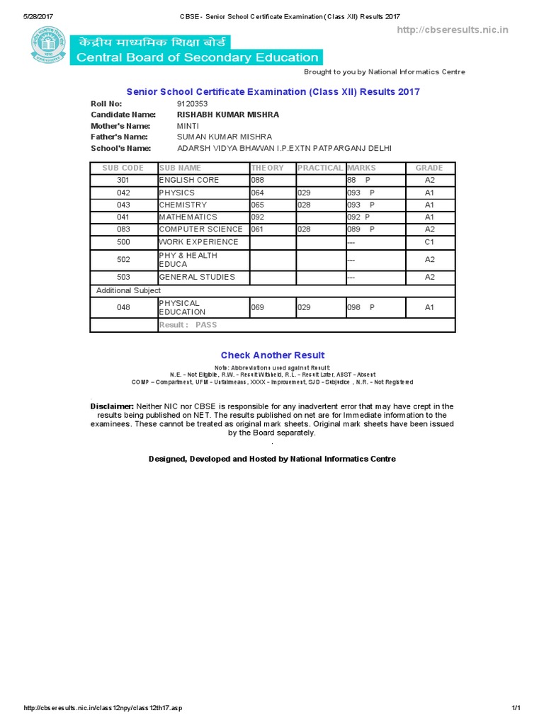 CBSE - Senior School Certificate Examination (Class XII) Results 2017 ...