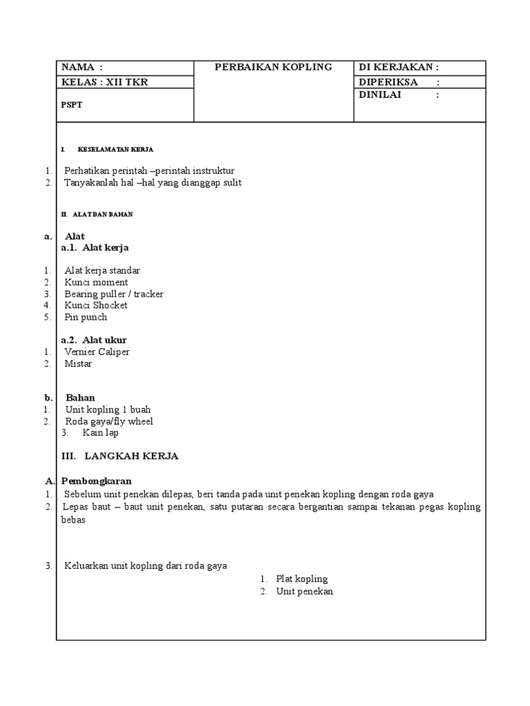 Jobsheet Perbaikan Kopling | PDF