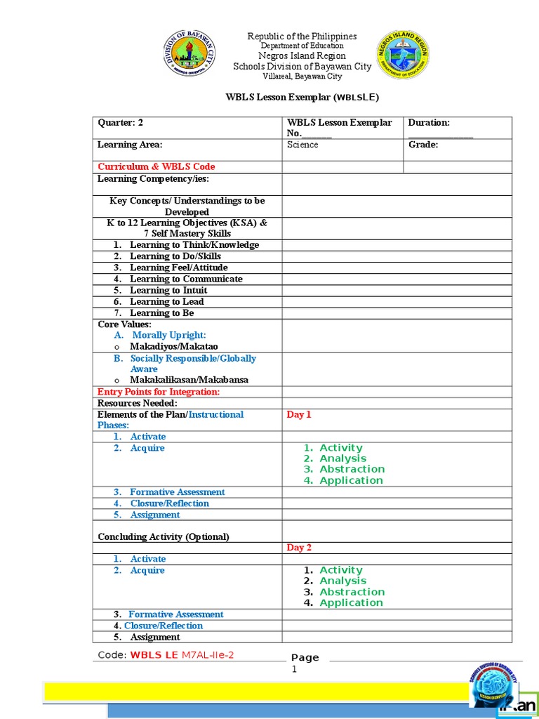 Blank Template of Wbls Lesson Exemplar | PDF | Abstraction ...
