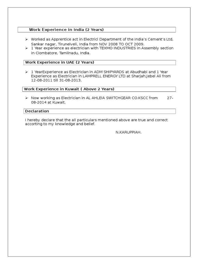 2 Years Work Experience India, UAE, Kuwait Electrician | PDF