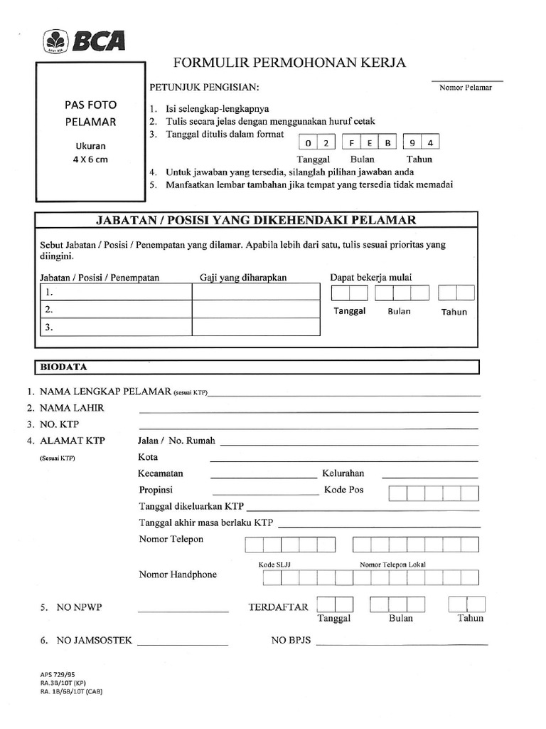 FPK (Formulir Permohonan Kerja BCA) | PDF