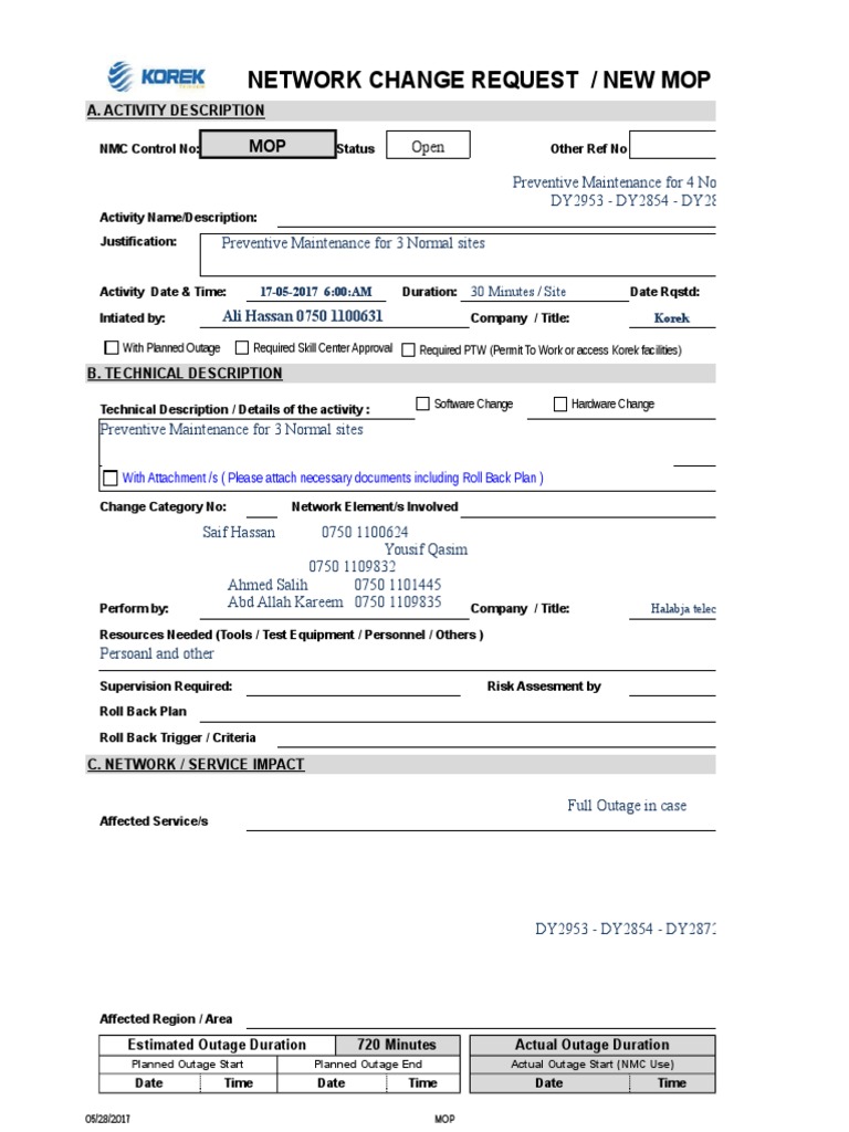 Network Change Request / New Mop Form: Ali Hassan 0750 1100631 | PDF ...
