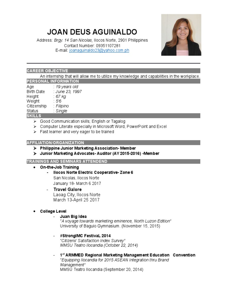 Joan Deus Aguinaldo: Career Objective Personal Information | PDF | Philippines | Communication