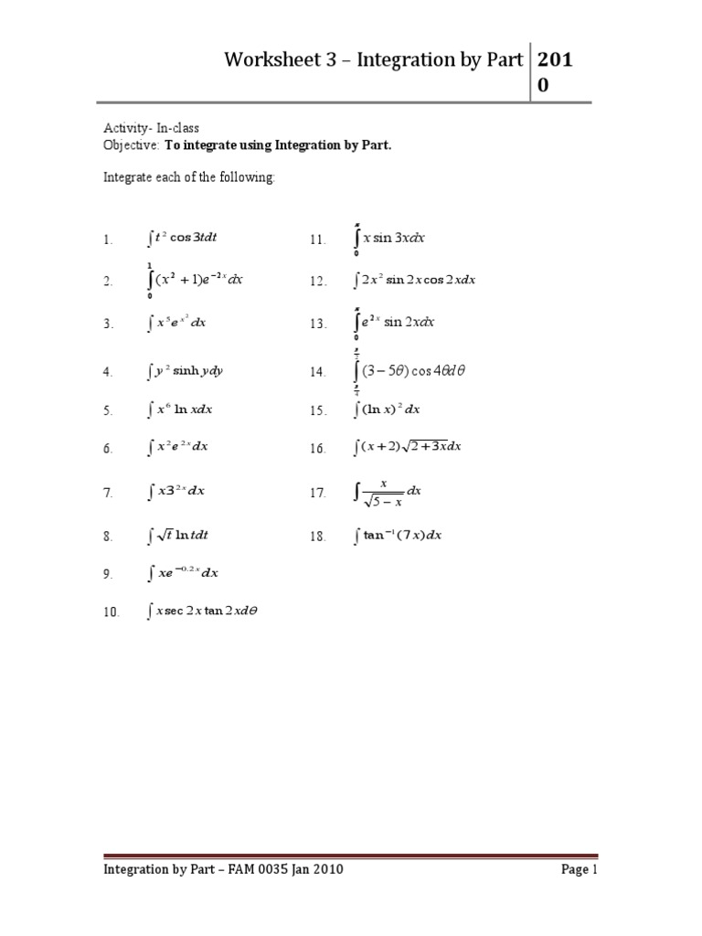 Integration by Parts Worksheet 201 | PDF