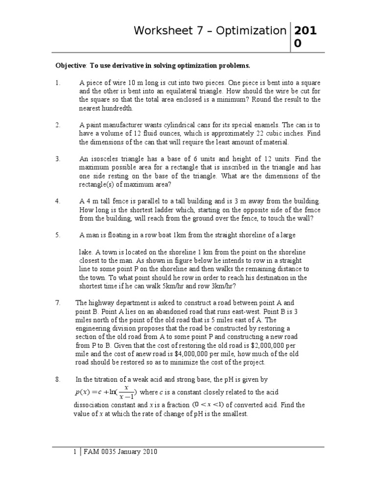 Worksheet 7 Optimization Pdf Area Triangle