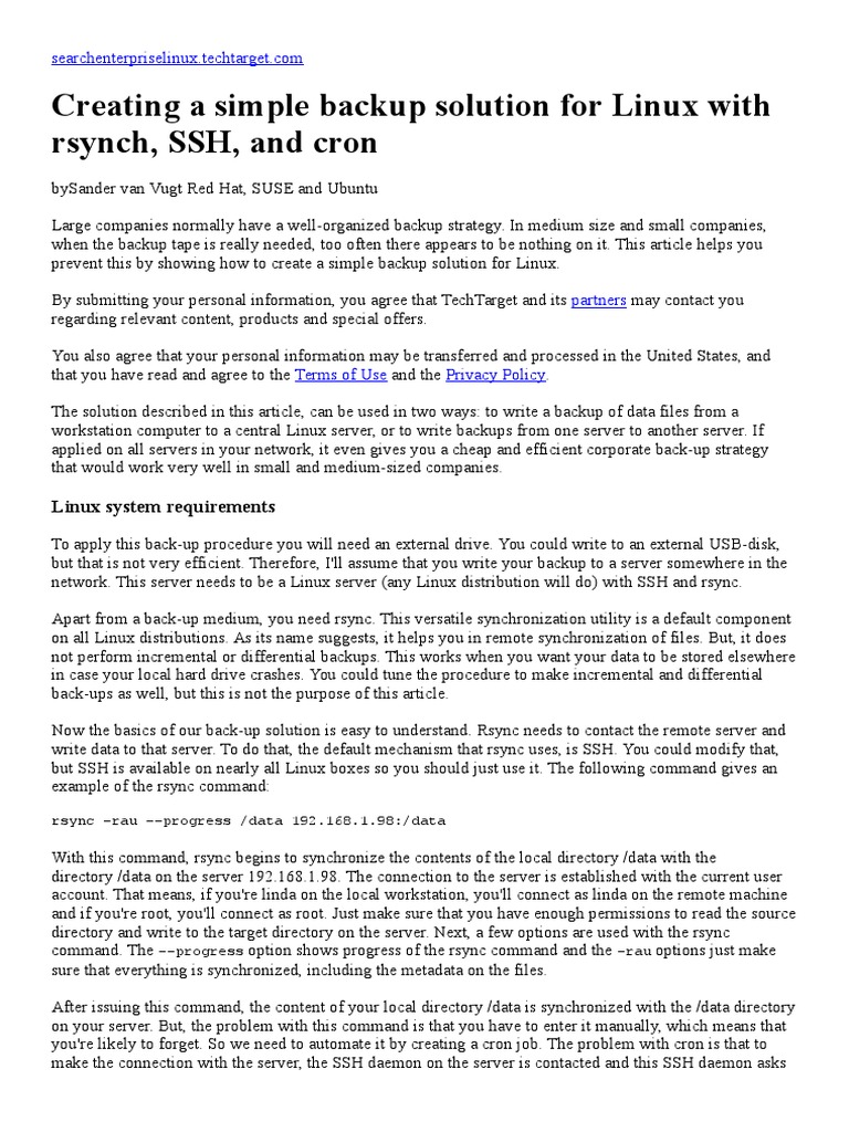 Configuring a Simple and Reliable Linux Backup Solution Using Rsync, SSH, and Cron | PDF ...