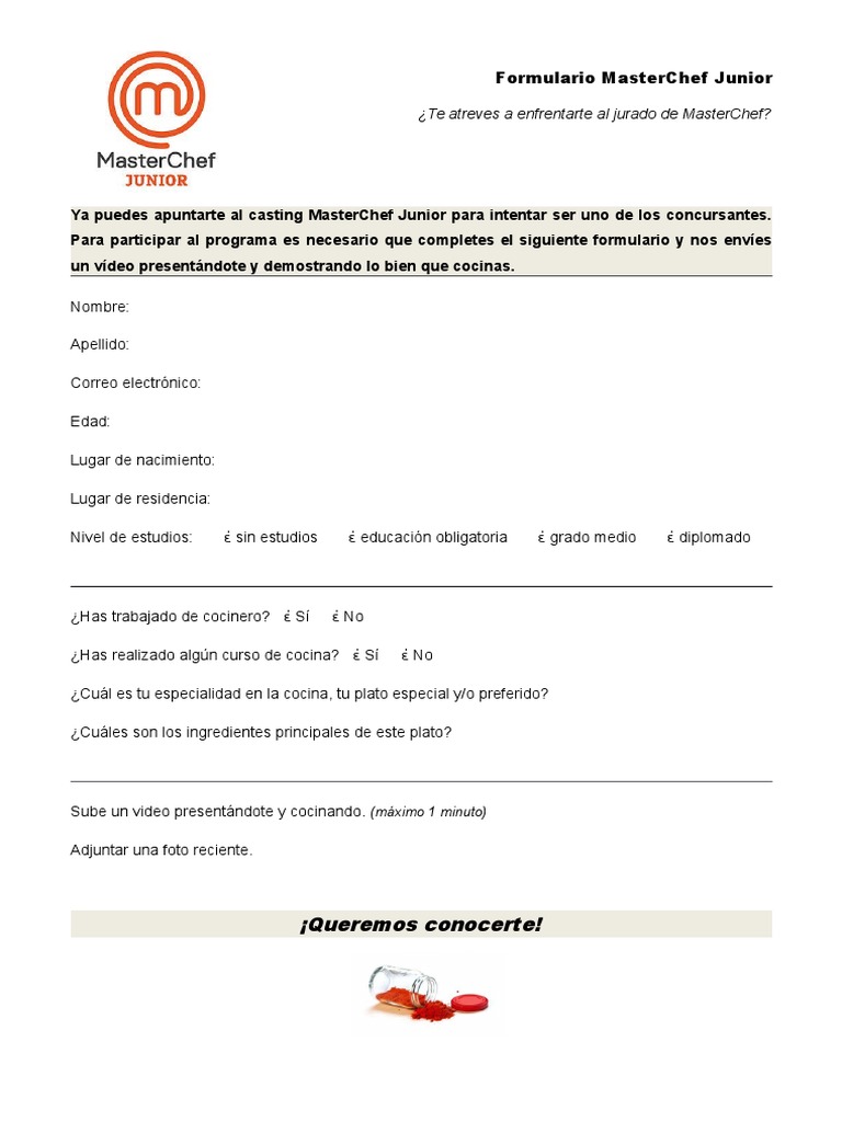 MasterChef Casting Fiche A Remplir | PDF