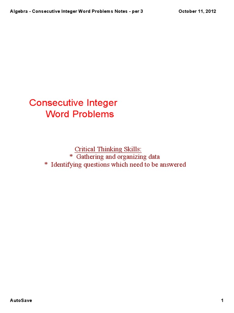 Algebra - Consecutive Integer Word Problems Notes - Per 3 | PDF ...