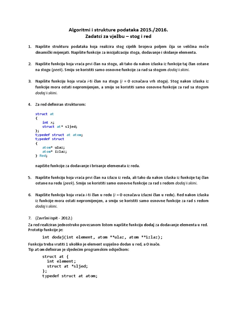 Zadatci Za Vjezbu - Stog I Red | PDF