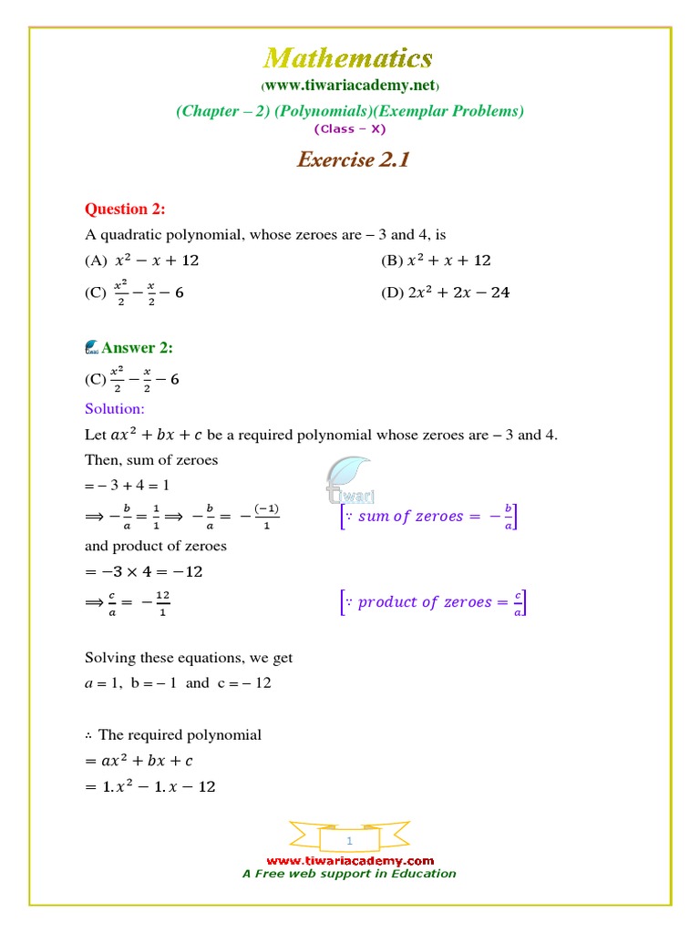 (Chapter - 2) (Polynomials) (Exemplar Problems) : Answer 2 | PDF ...