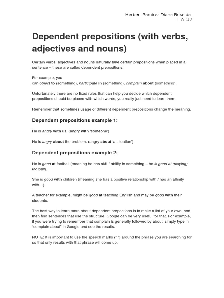 Dependent Prepositions (With Verbs, Adjectives and Nouns) | PDF ...