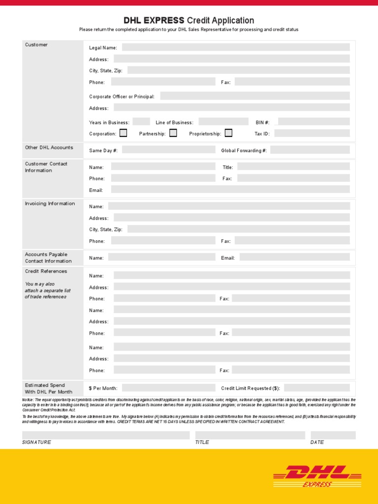 DHL Express Credit Application Form - Requesting Credit Terms and ...