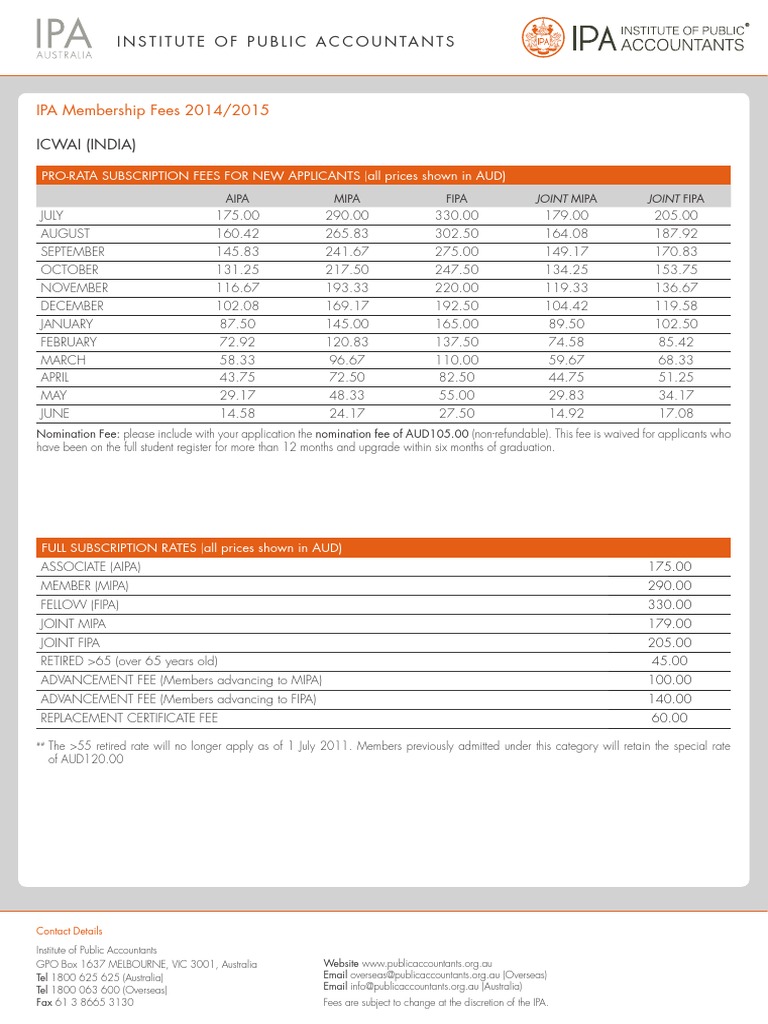 IPA Membership Fees 2014/2015: Institute of Public Accountants | PDF ...