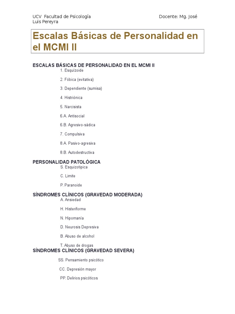 5 Descripcion Escalas MCMI II | PDF | Depresión (estado de ánimo) | Psicosis