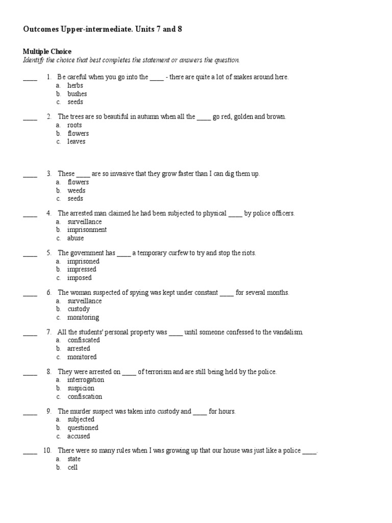 Outcomes Upper-Intermediate Units 7-8 Quiz | PDF | Phrase | Noun