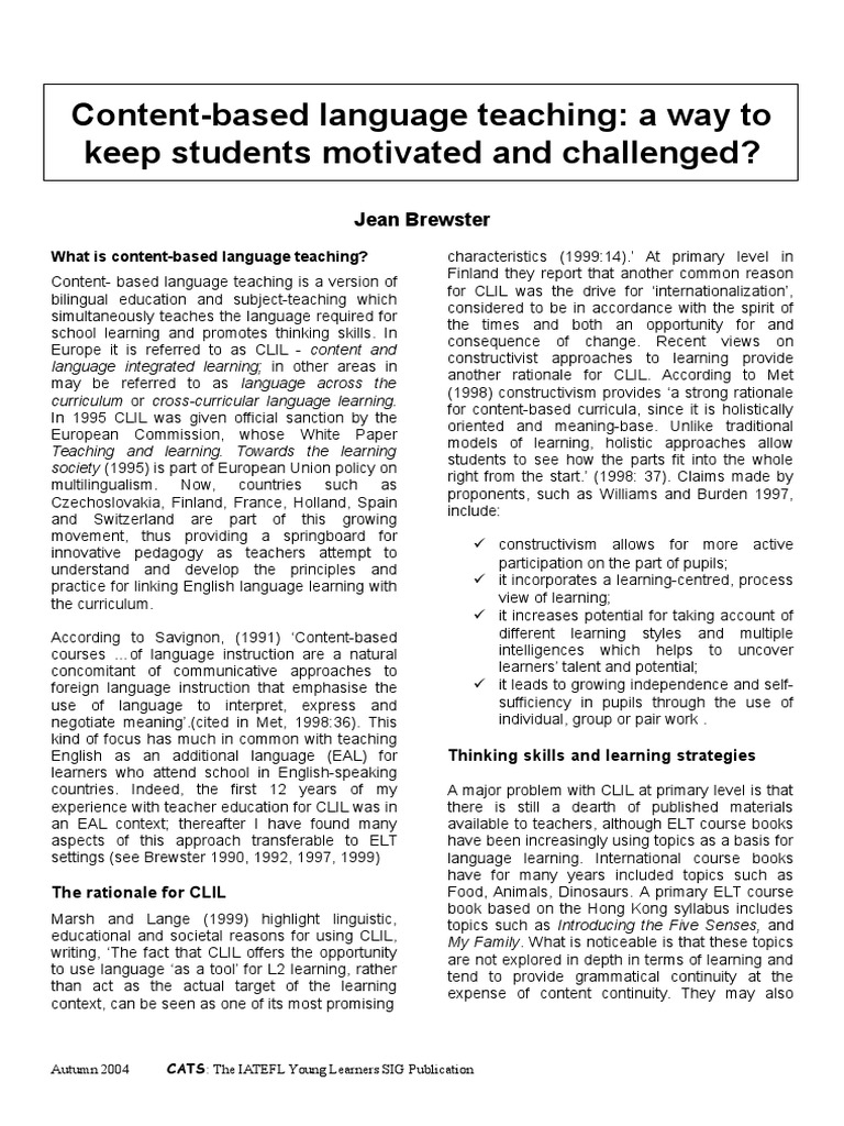 Content-Based Language Teaching - A Way To Keep Students Motivated and ...