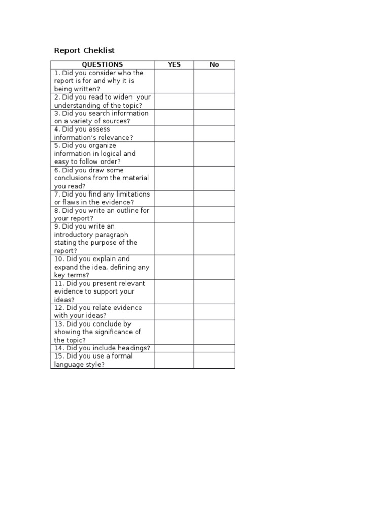 Report Cheklist: Questions YES No | PDF