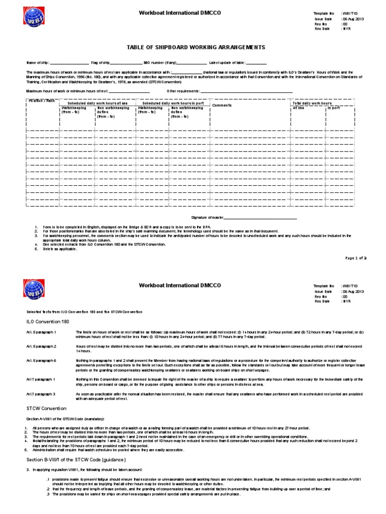 Table of Shipboard Working Arrangements | International Labour ...