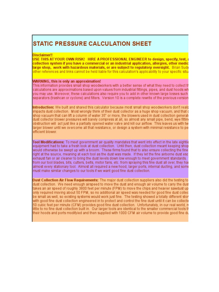 Static Pressure Calculation Sheet | PDF | Duct (Flow) | Dust