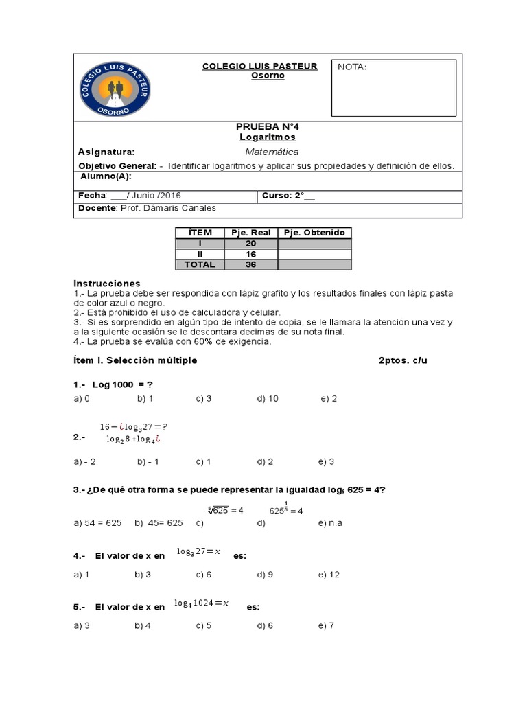 Prueba Logaritmos 2do Medio | PDF | Logaritmo | Enseñanza de matemática