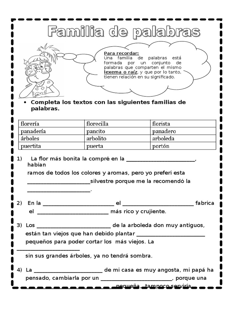 Hoja De Trabajo Breve Sobre Familias De Palabras Profejames_