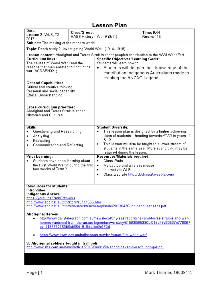 Aboriginal Contributions in WWI | PDF | Indigenous Australians | Lesson ...