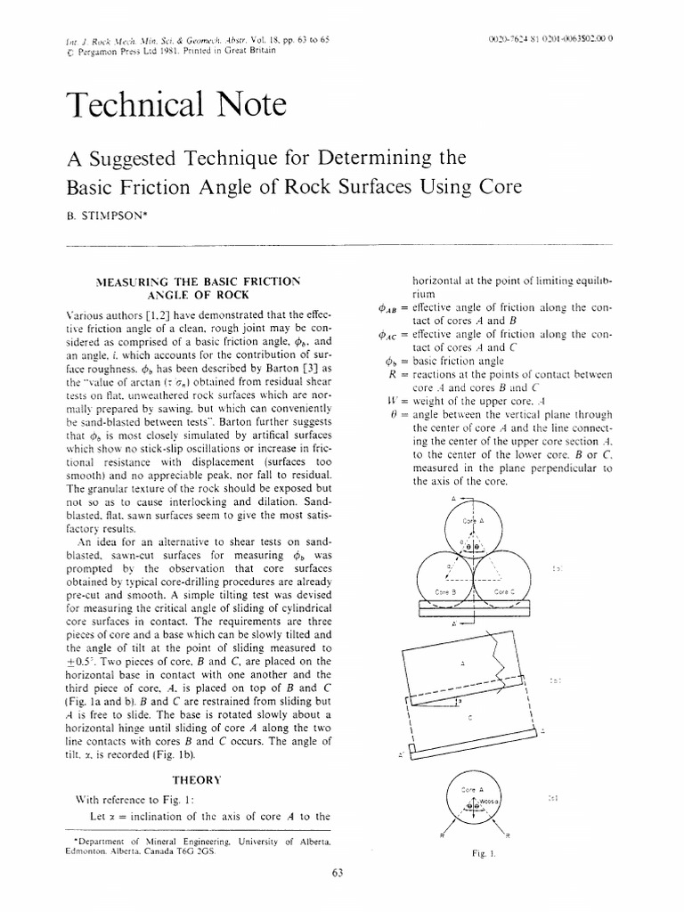 A Suggested Technique For Determining The Basic Friction Angle Of Rock Surface Using Core Pdf