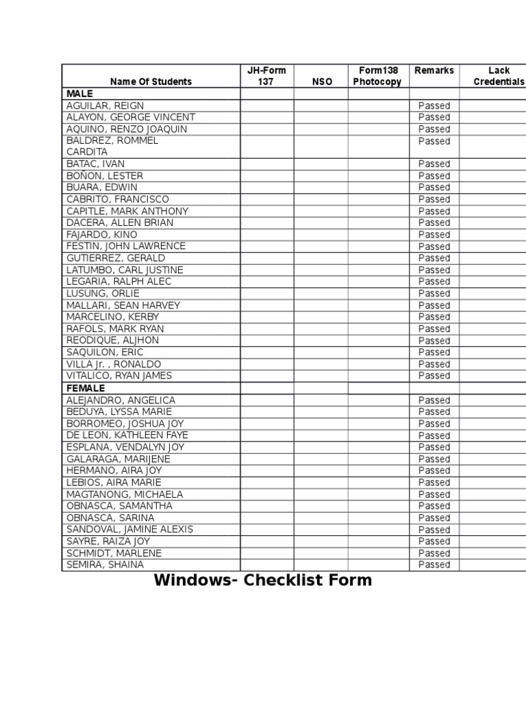 Windows-Checklist Form: Name of Students JH-Form 137 NSO Form138 ...