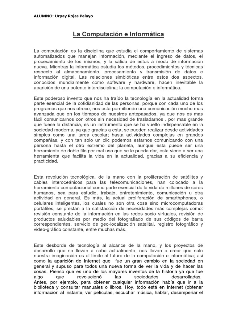La Computación e Informática Texto Descriptivo | Informática | Tecnología