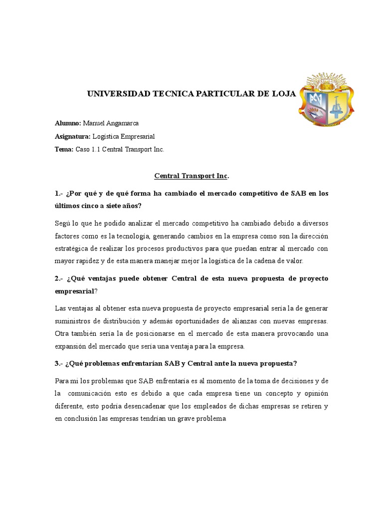 Caso 1.1 Central Transport Inc. Logistica Empresarial | PDF