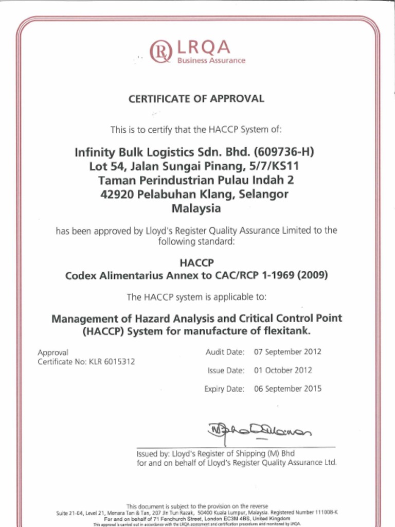 Infinity - HACCP Certificate PDF | PDF