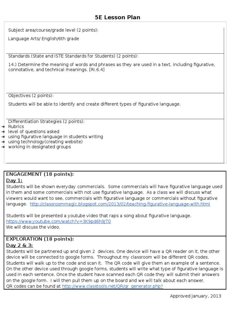 5E Lesson Plan: ENGAGEMENT (18 Points) : Day 1 | PDF | Qr Code ...