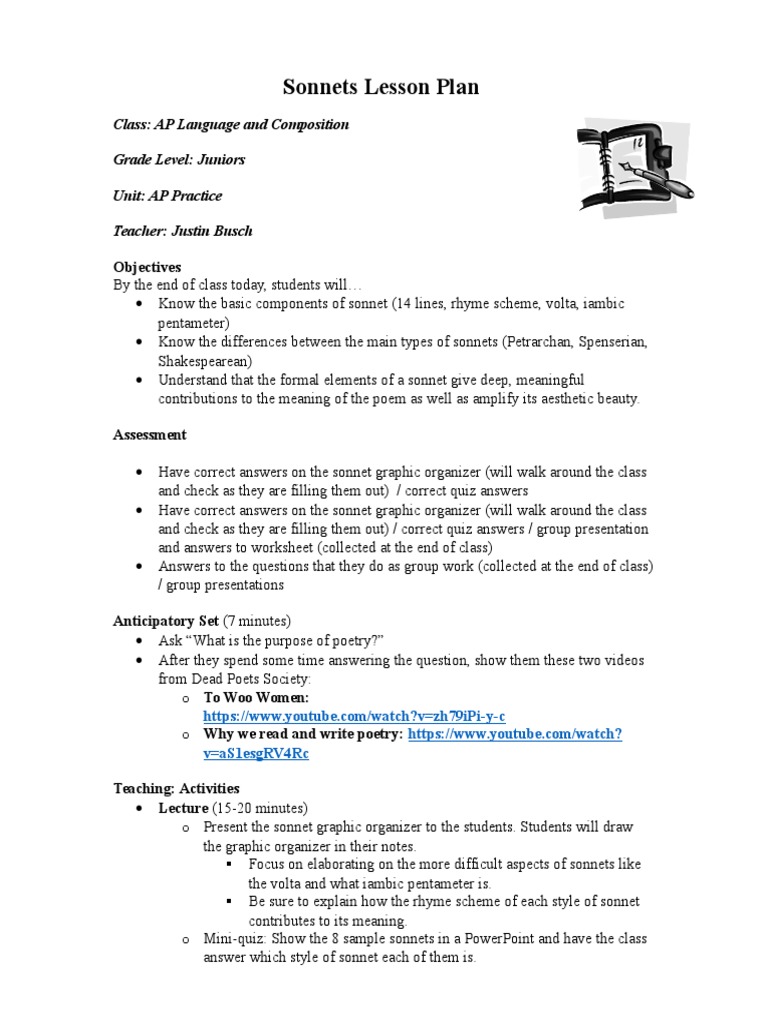 Sonnets Lesson Plan | PDF | Sonnets | Poetry
