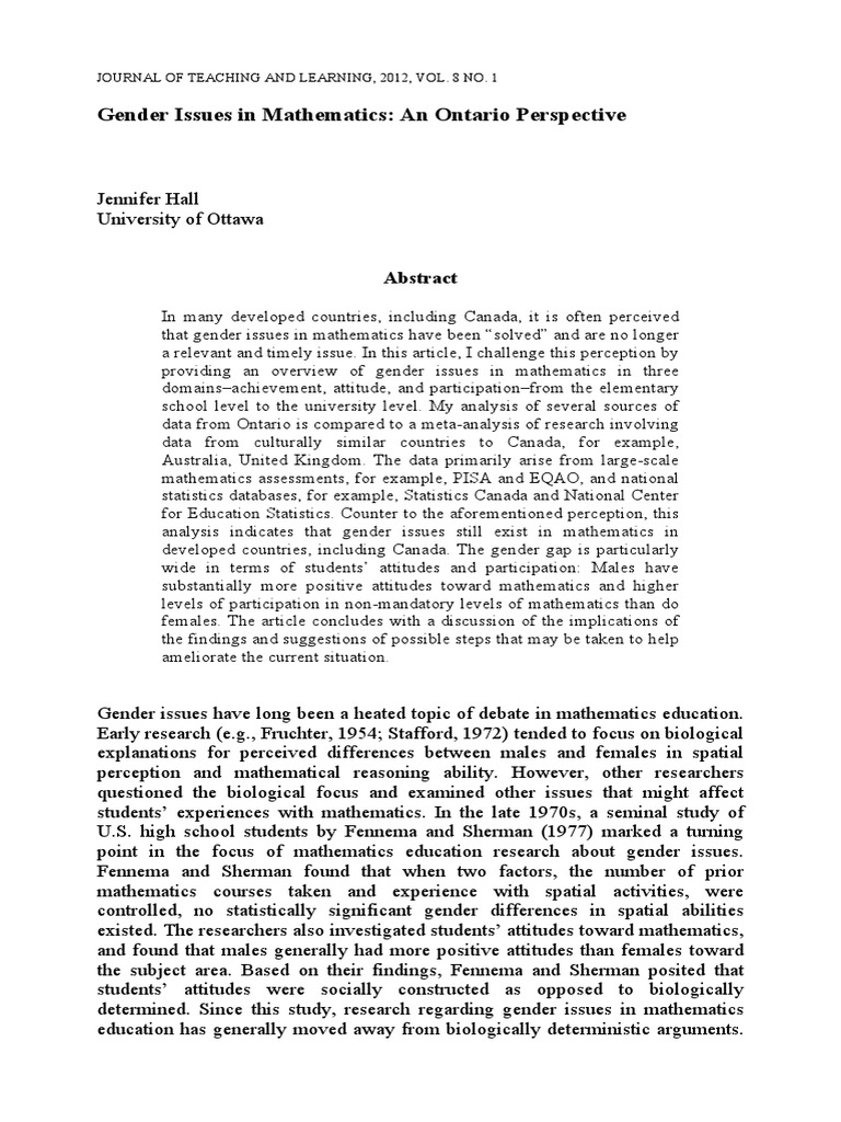 Gender Issues in Mathematics: An Ontario Perspective: Journal of ...