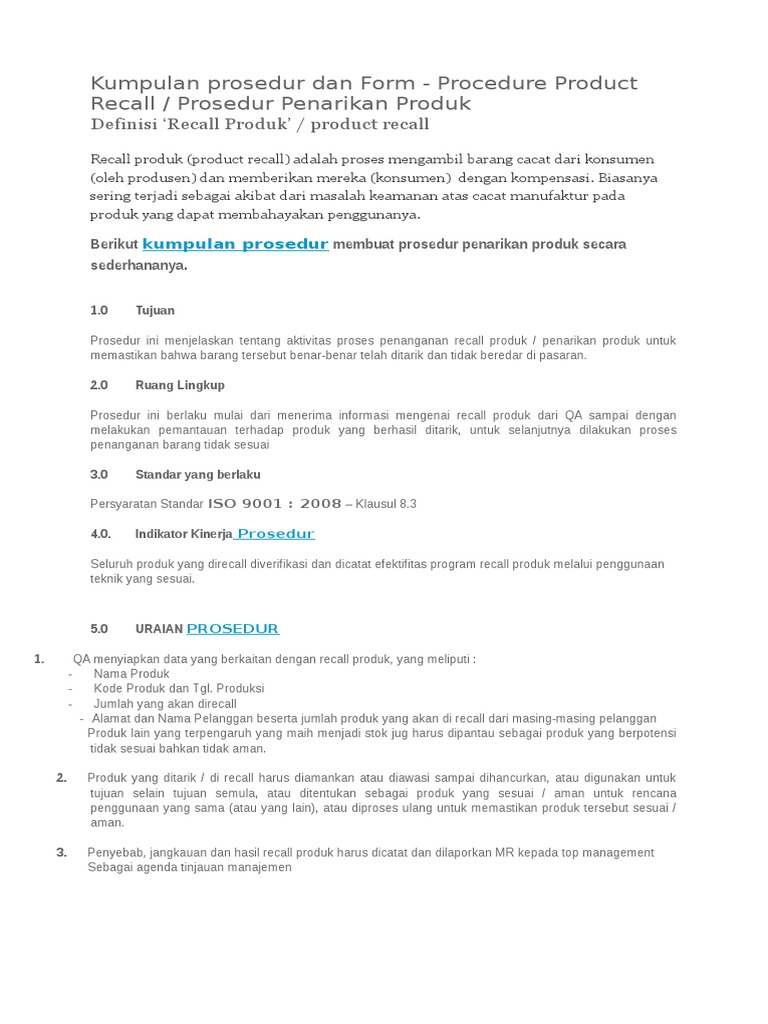Kumpulan Prosedur Dan Form Recall Alat Medis | PDF