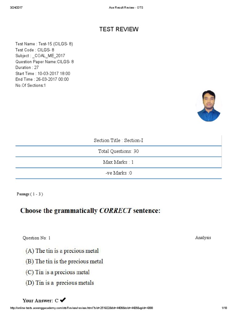 Test Review: Section Title: Section I Total Questions: 30 Max Marks: 1 ...