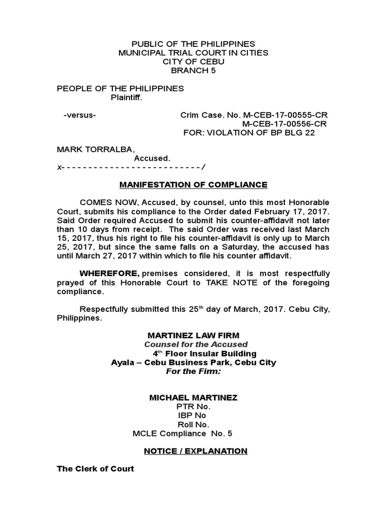 Manifestation of Compliance Torralba | PDF | Legal Procedure | Courts