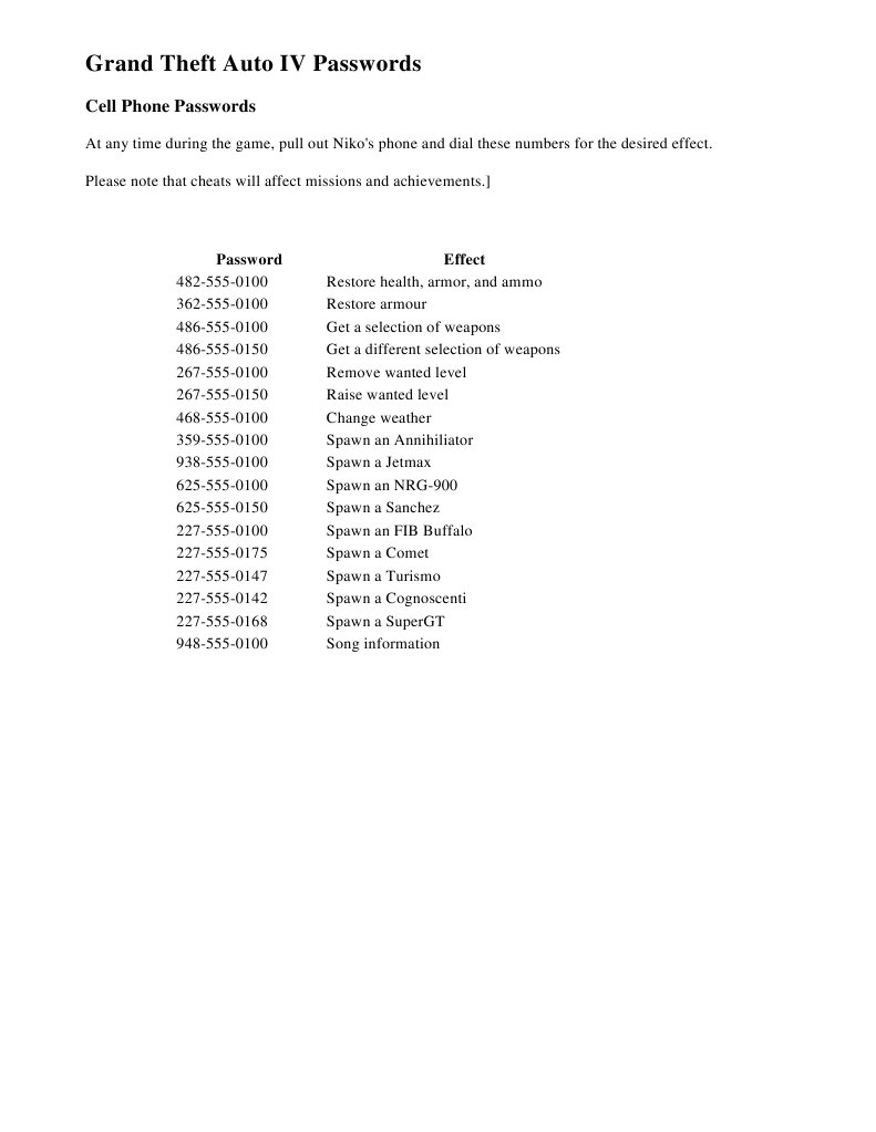 GTA IV Cell Phone Cheat Codes | PDF