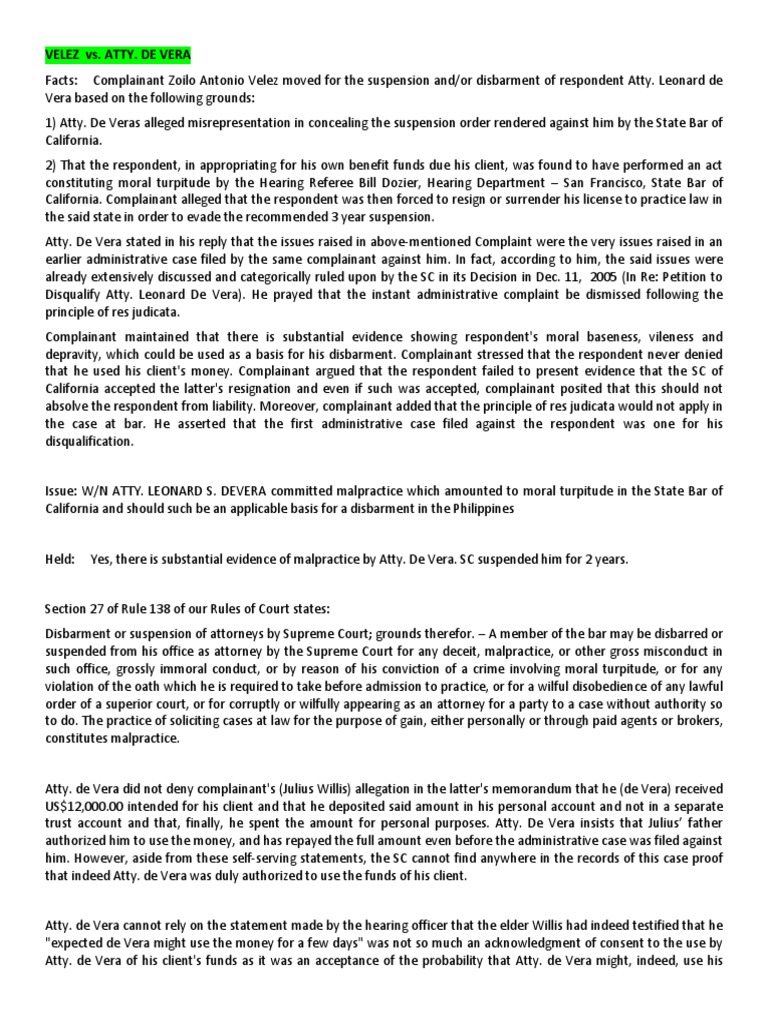 Digest - Velez V Atty de Vera | PDF | Disbarment | Lawyer
