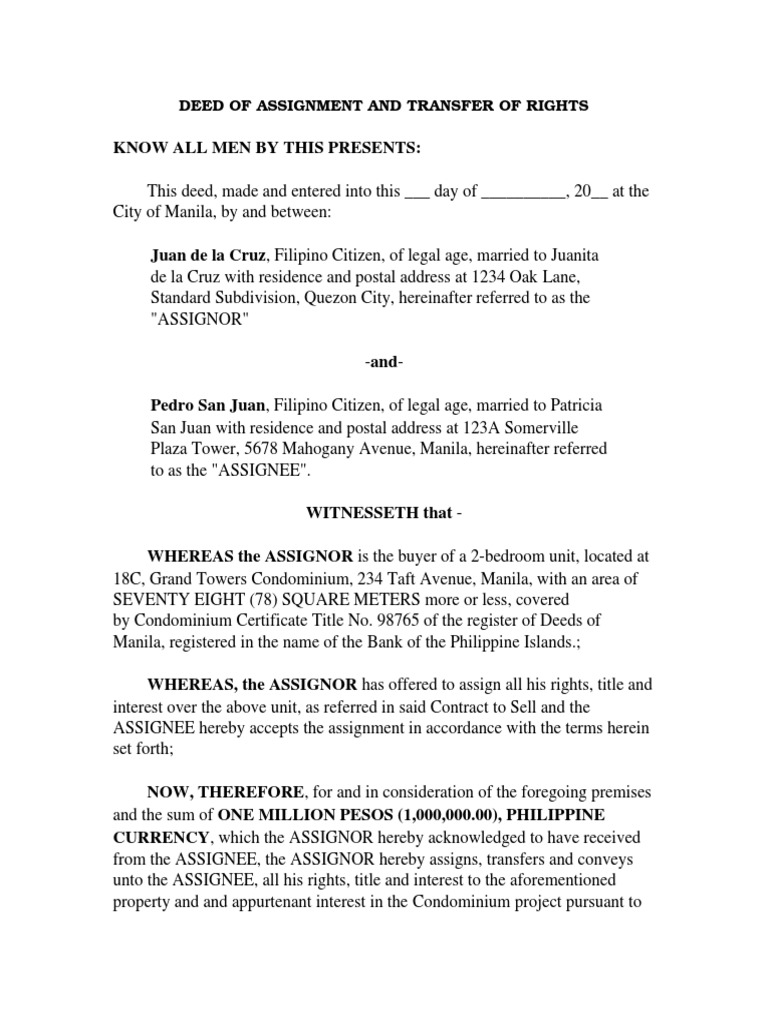 Deed of Assignment and Transfer of Rights | PDF | Assignment (Law ...