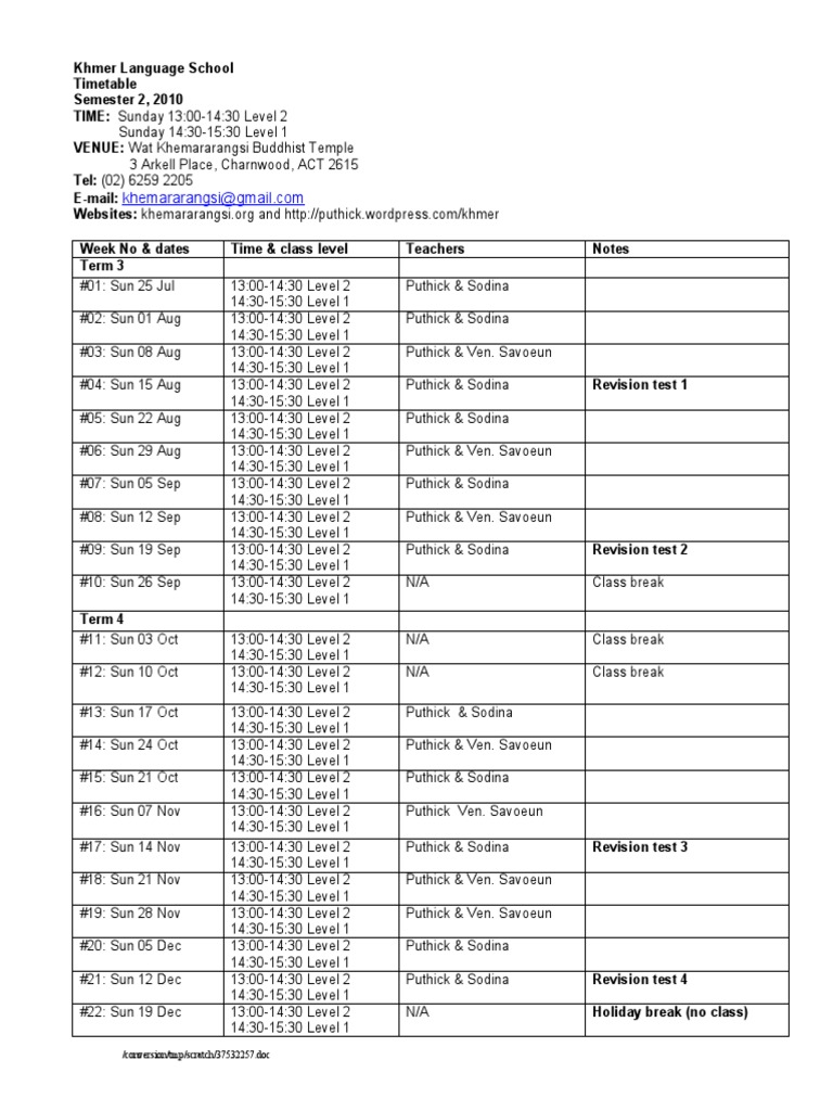 Khmer Language School Timetable 2010 | PDF | Indian Religions | Nāstika