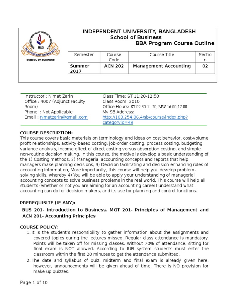 ACN 202 - Course Outline, Summer 2017 | PDF | Management Accounting | Accounting