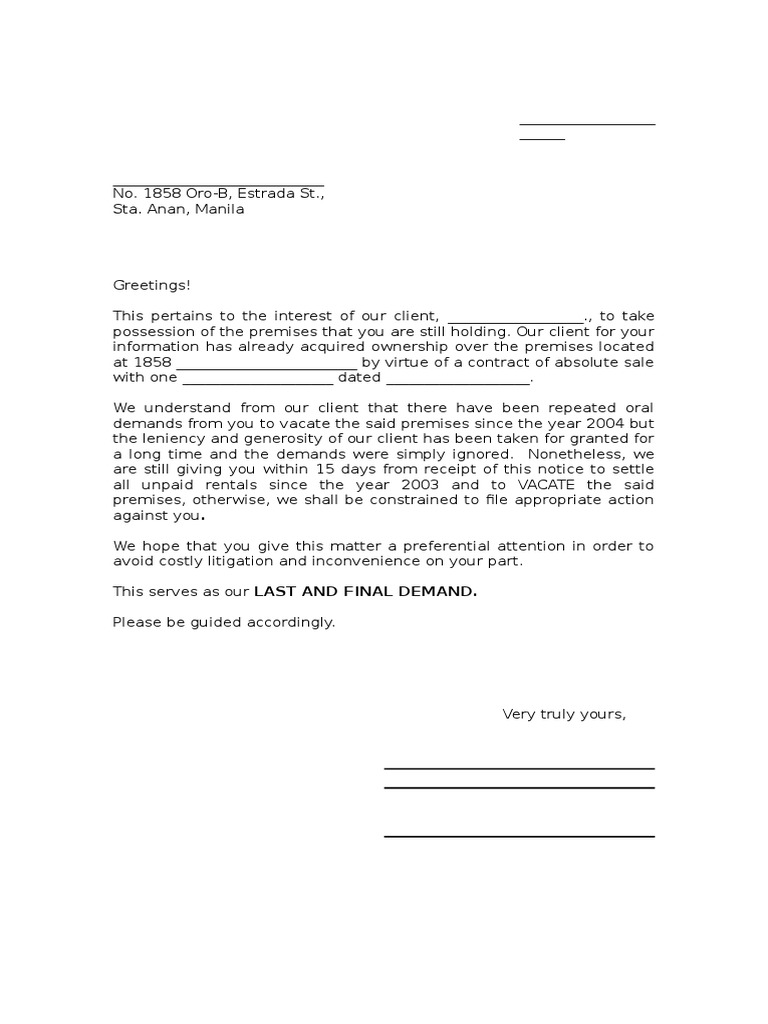 Demand Letter to Vacate Sample