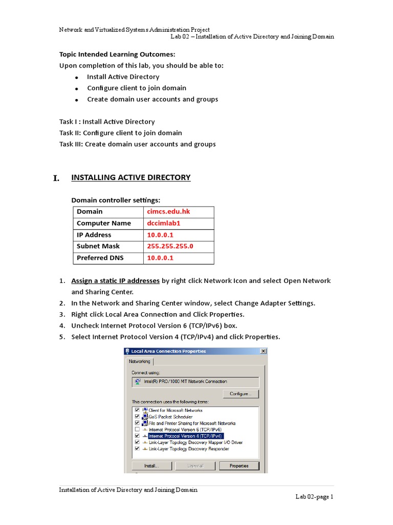 Lab02 Installation Of Active Directory And Joining Domain Pdf