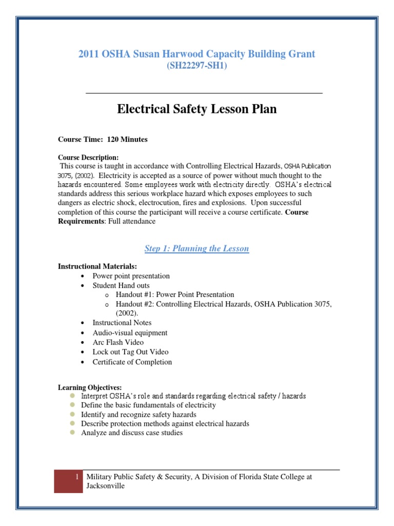 Electrical Safety Lesson Plan | PDF | Occupational Safety And Health ...