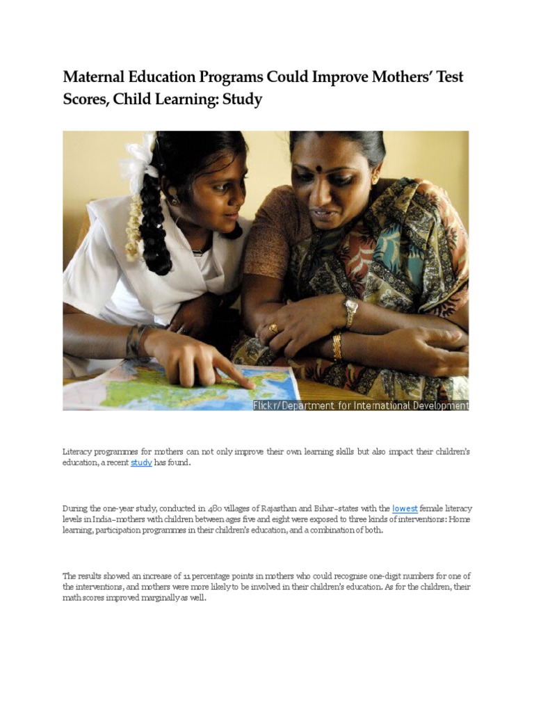 Maternal Education Programs Could Improve Mothers' Test Scores, Child ...