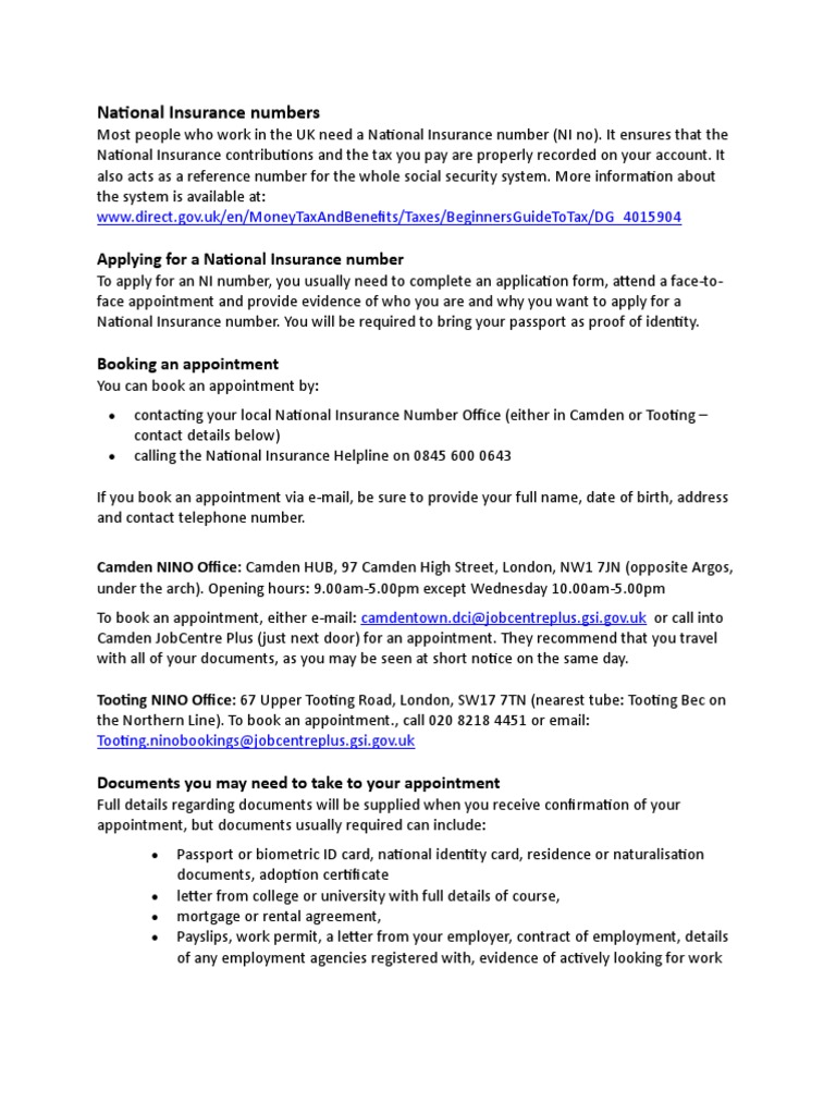 Applying For A National Insurance Number | PDF